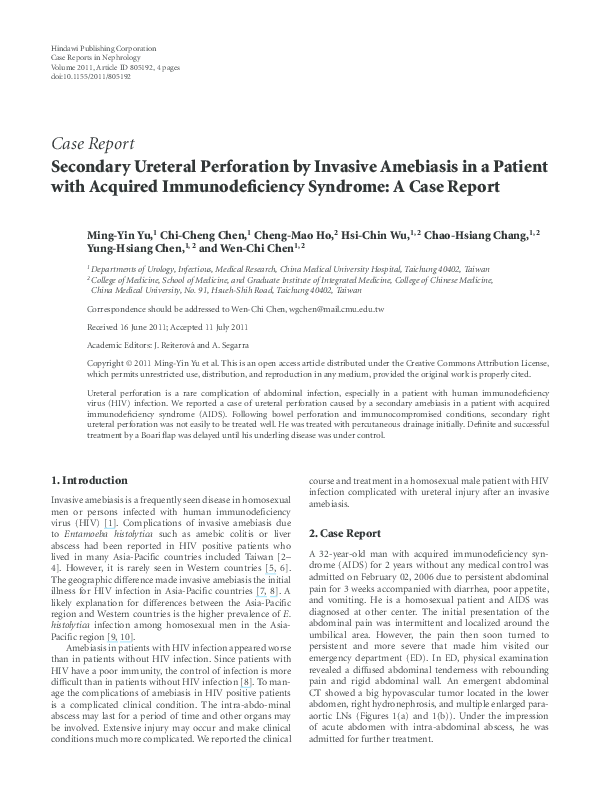 (PDF) Secondary ureteral perforation by invasive amebiasis in a patient ...