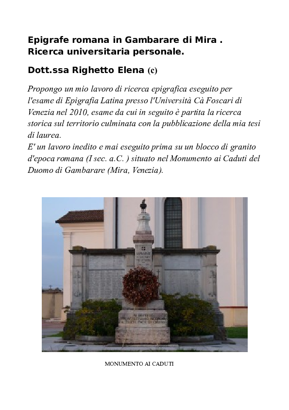 (DOC) Epigrafe romana in Gambarare di Mira