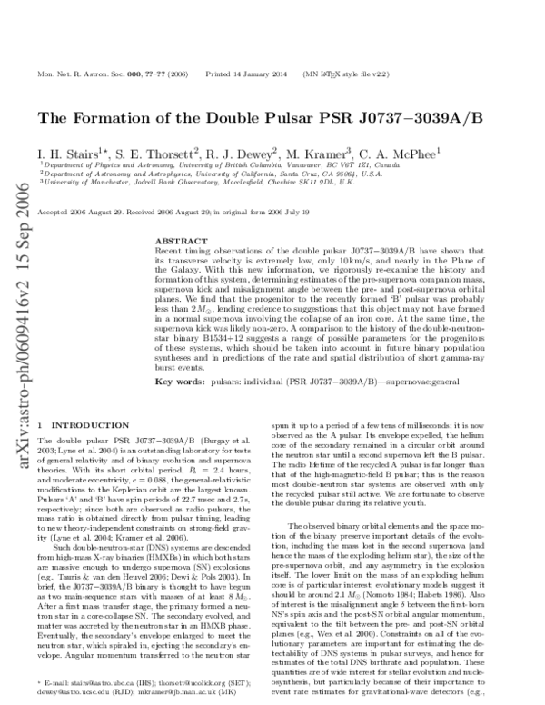 (PDF) The formation of the double pulsar PSR J0737-3039A/B