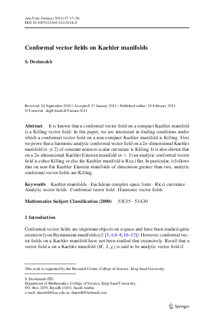 Pdf Conformal Vector Fields On Kaehler Manifolds