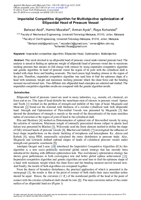(PDF) Imperialist Competitive Algorithm for Multiobjective Optimization of Ellipsoidal Head of ...