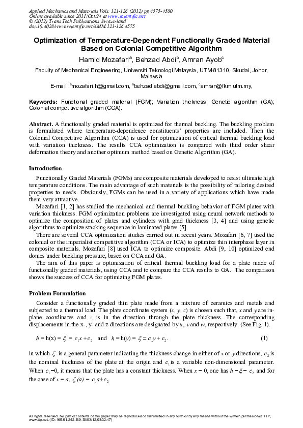 (PDF) Optimization of Temperature-Dependent Functionally Graded Material Based on Colonial ...