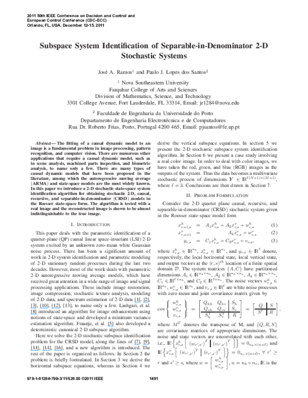 Pdf Subspace System Identification Of Separable In Denominator 2 D Stochastic Systems