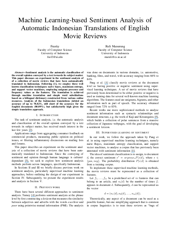 (PDF) Machine Learning-based Sentiment Analysis of Automatic Indonesian Translations of English ...