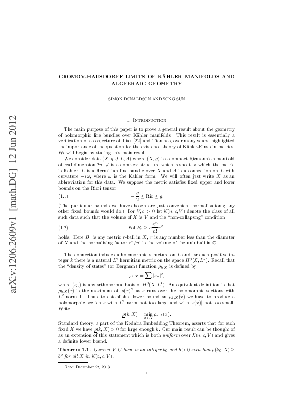 (PDF) Gromov–Hausdorff limits of Kähler manifolds and algebraic geometry | Simon Donaldson ...