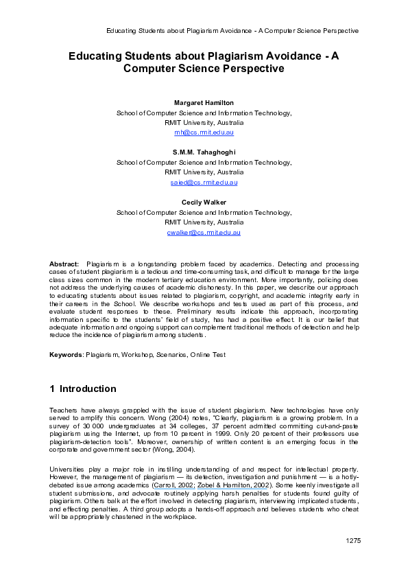 (PDF) Educating Students about Plagiarism Avoidance - A Computer ...