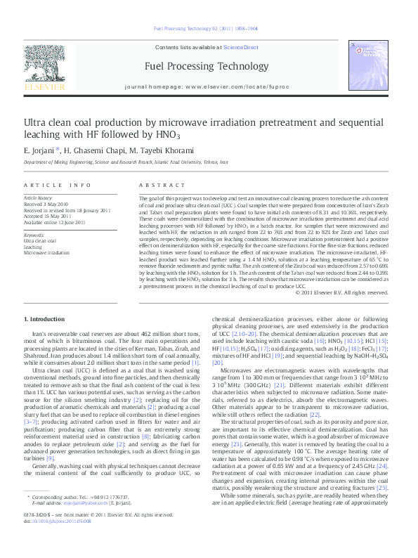 (PDF) Ultra clean coal production by microwave irradiation pretreatment ...