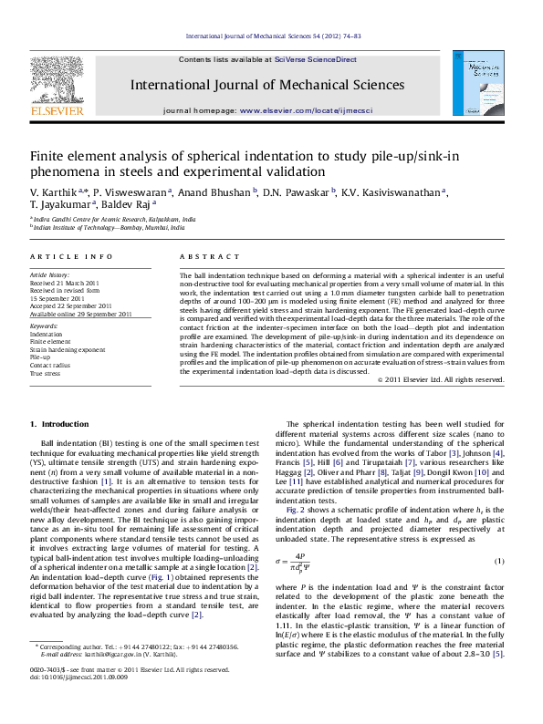 (PDF) Finite element analysis of spherical indentation to study pile-up/sink-in phenomena in ...