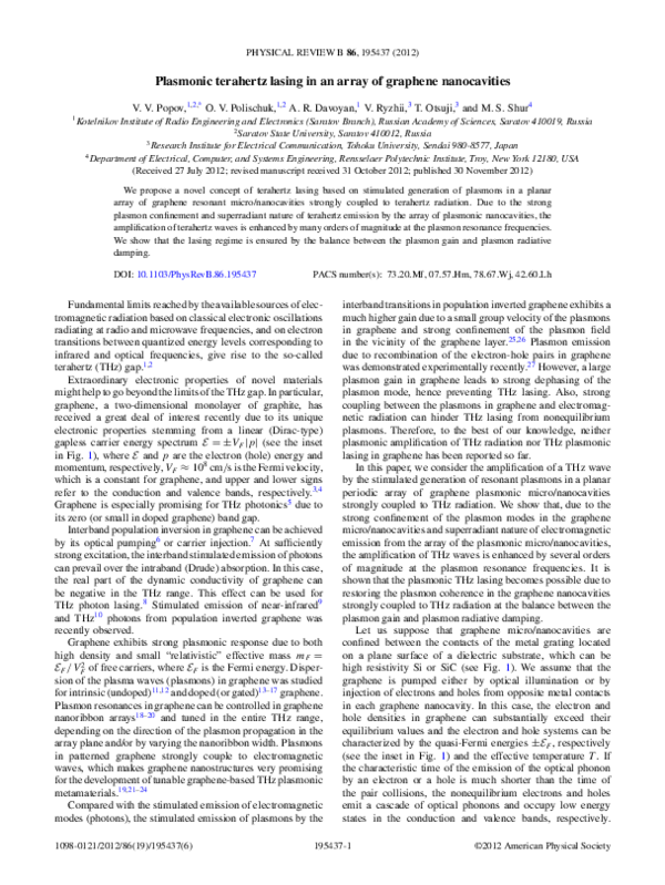 (PDF) Plasmonic terahertz lasing in an array of graphene nanocavities