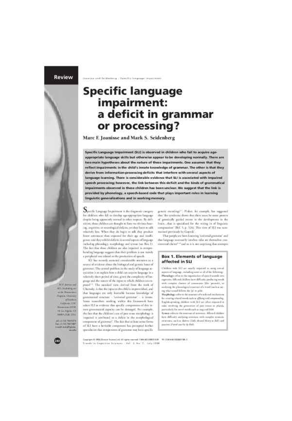 (PDF) Specific language impairment: a deficit in grammar or processing