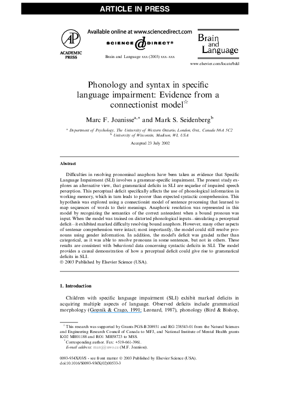 (PDF) Phonology and syntax in specific language impairment: Evidence from a connectionist model