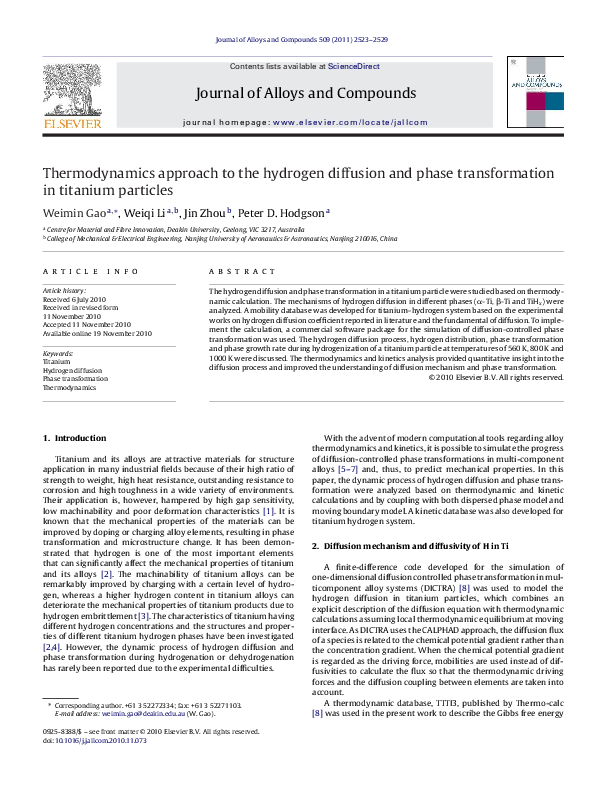 (PDF) Thermodynamics approach to the hydrogen diffusion and phase transformation in titanium ...
