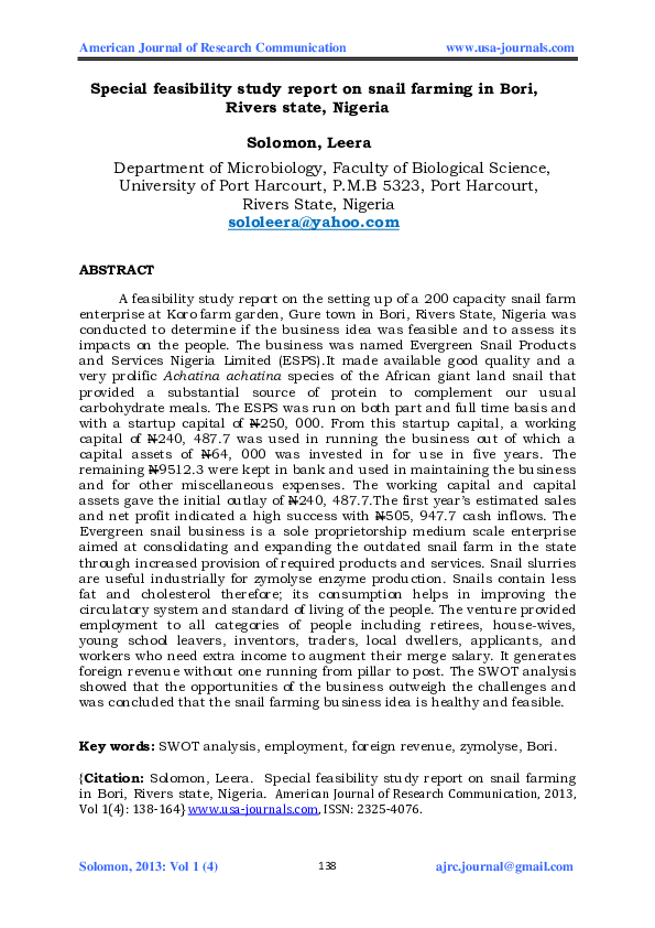 (PDF) Special feasibility study report on snail farming in Bori, Rivers state, Nigeria