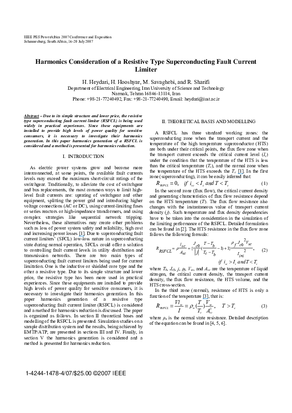 (PDF) Harmonics Consideration of a Resistive Type Superconducting Fault Current Limiter