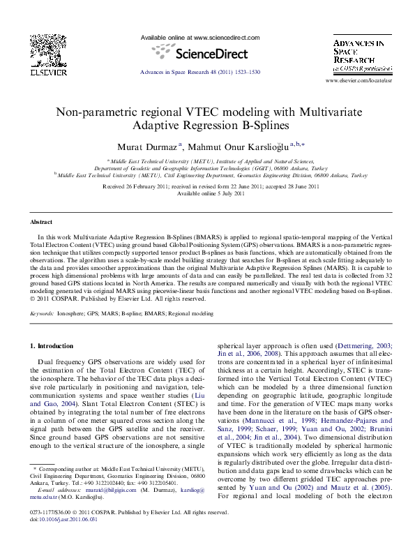 (PDF) Non-parametric regional VTEC modeling with Multivariate Adaptive Regression B-Splines