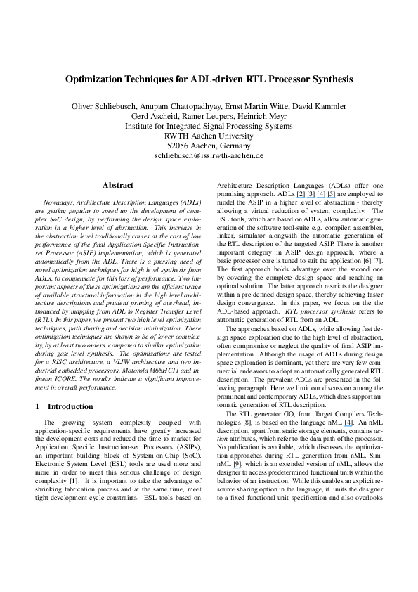 (PDF) Optimization Techniques for ADL-Driven RTL Processor Synthesis