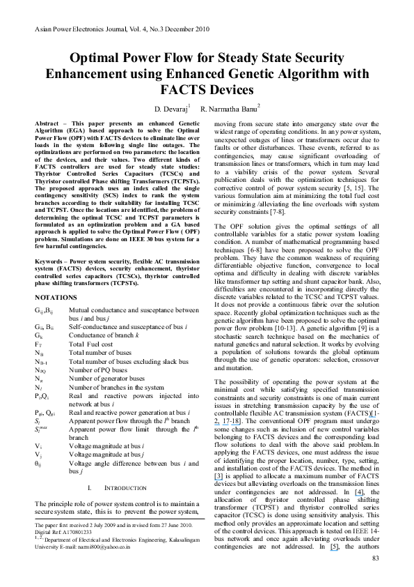 Pdf Optimal Power Flow For Steady State Security Enhancement Using Genetic Algorithm With