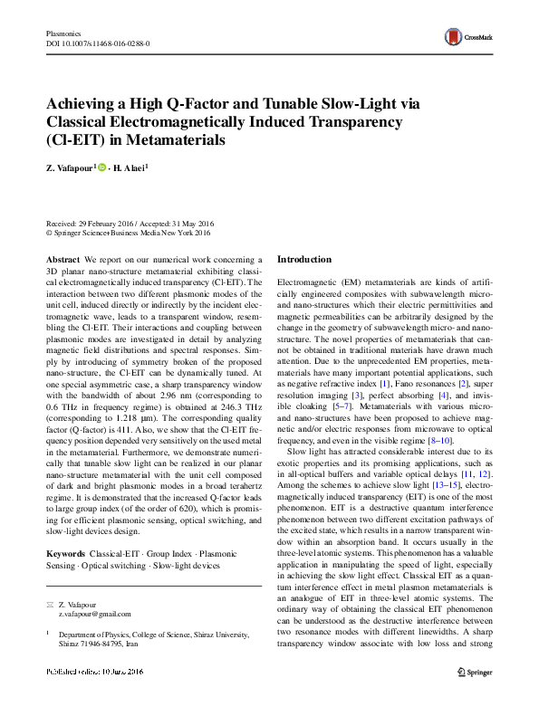 (PDF) Achieving a High Q-Factor and Tunable Slow-Light via Classical ...
