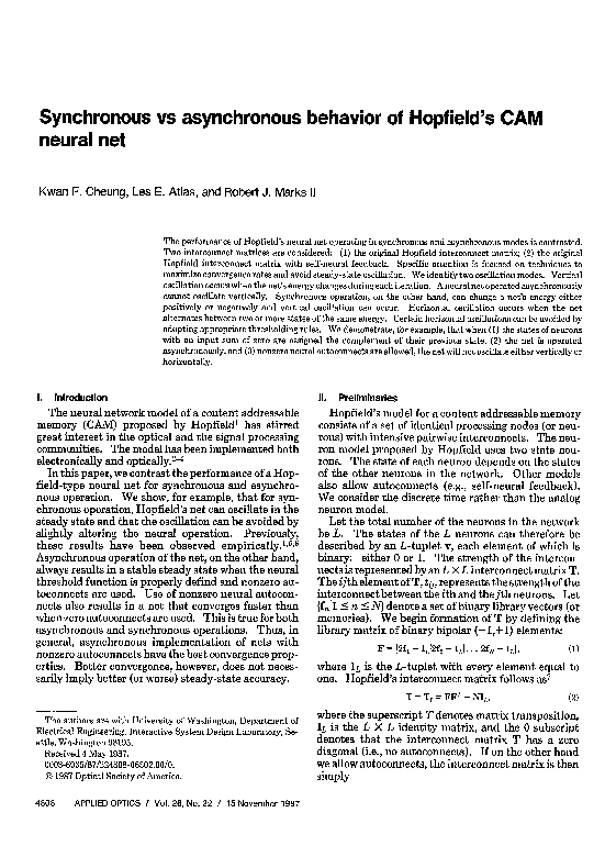 (PDF) Synchronous vs asynchronous behavior of Hopfield’s CAM neural net