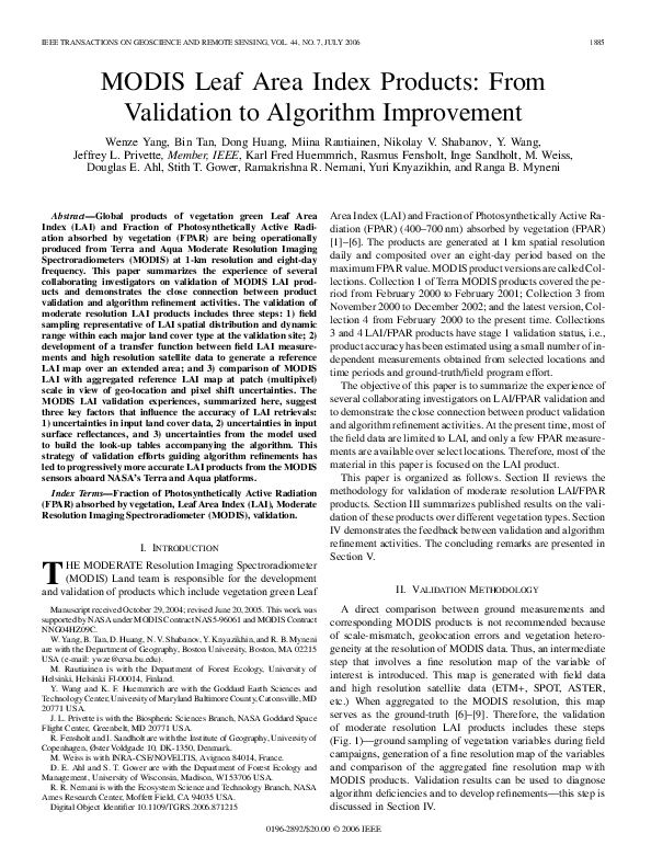 Pdf Modis Leaf Area Index Products From Validation To Algorithm