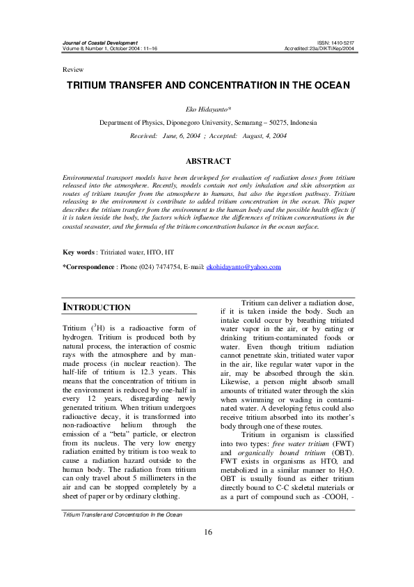(PDF) TRITIUM TRANSFER AND CONCENTRATIfON IN THE OCEAN