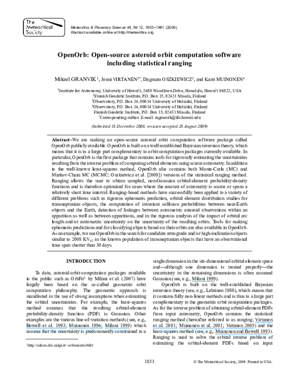 (PDF) OpenOrb: Open-source asteroid orbit computation software including statistical ranging