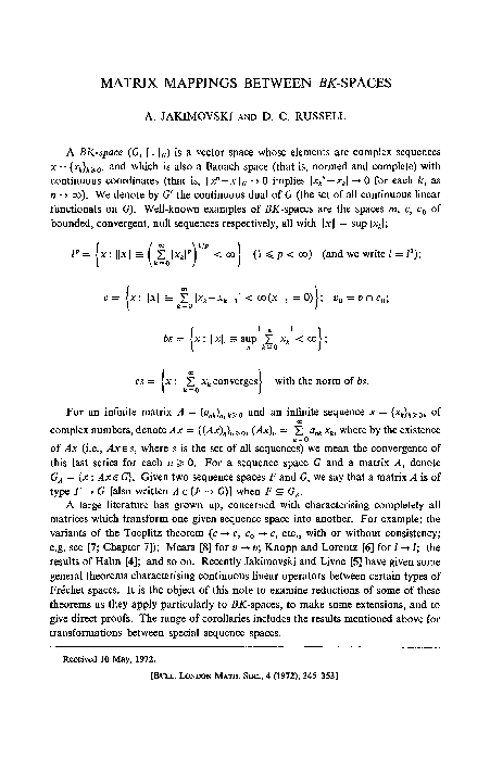 (PDF) Matrix Mappings between BK-Spaces