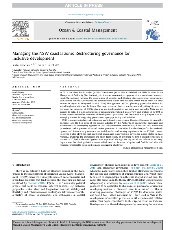 (PDF) Managing the NSW coastal zone: Restructuring governance for ...