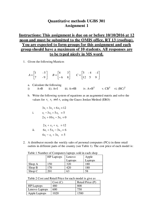 (PDF) Quantitative methods UGBS 301 Assignment 1 | kofi nkum osei - Academia.edu