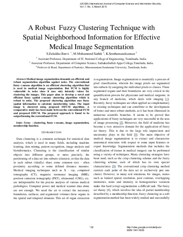 (PDF) A robust fuzzy clustering technique with spatial neighborhood information for effective ...