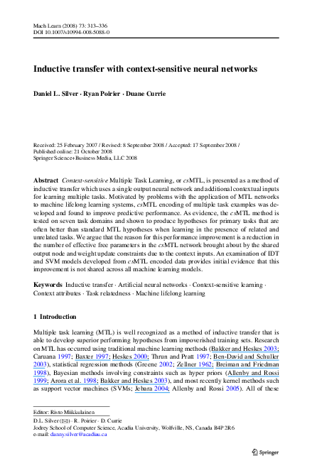 Pdf Inductive Transfer With Context Sensitive Neural Networks