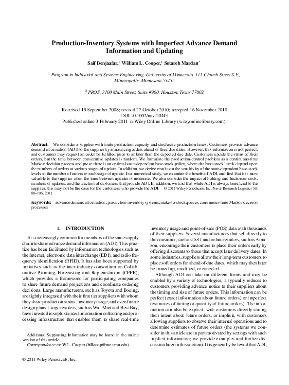 Pdf Production Inventory Systems With Imperfect Advance Demand Information And Updating