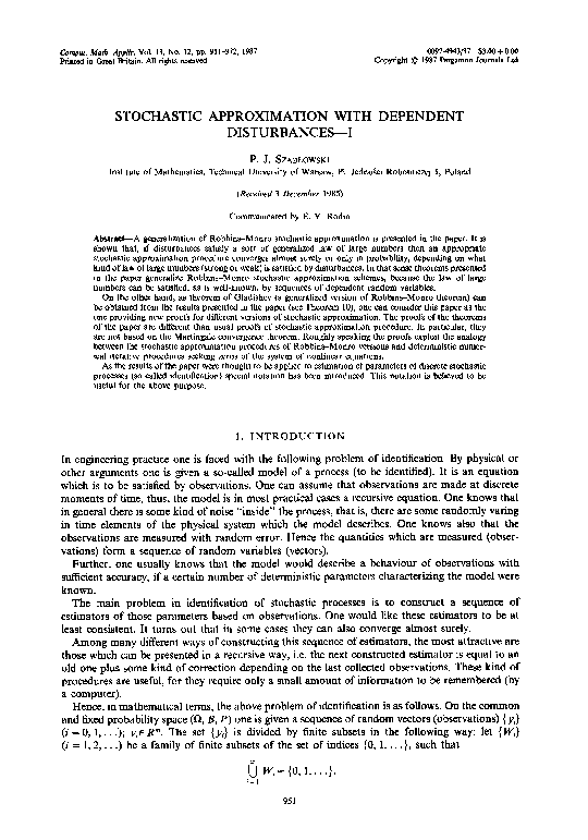 (PDF) Stochastic approximation with dependent disturbances—I