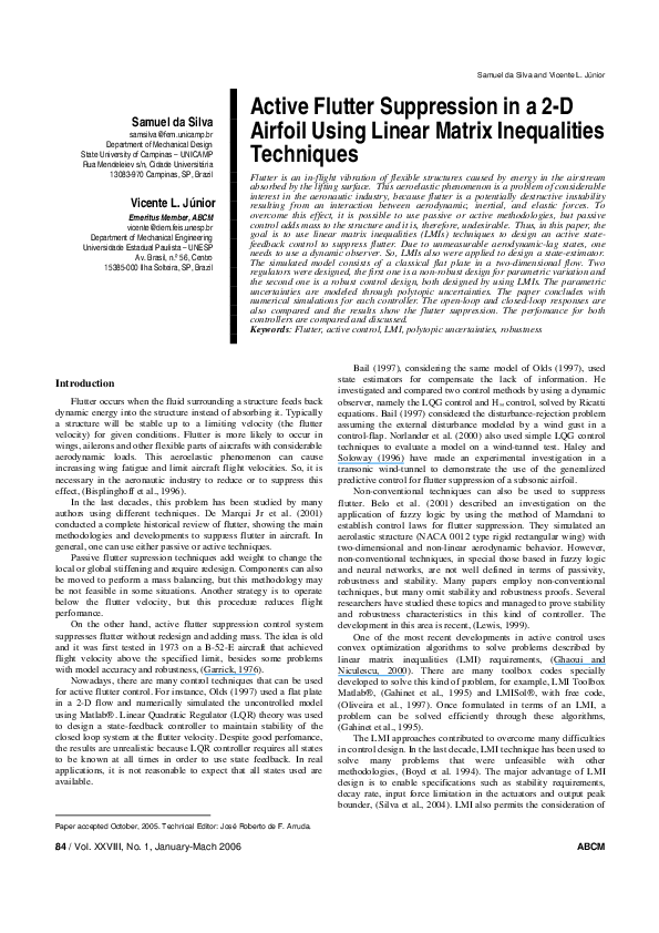 Pdf Active Flutter Suppression In A 2 D Airfoil Using Linear Matrix