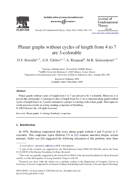 (PDF) Planar graphs without cycles of length from 4 to 7 are 3-colorable