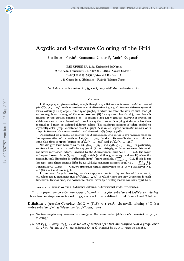 (PDF) Acyclic and k-distance coloring of the grid