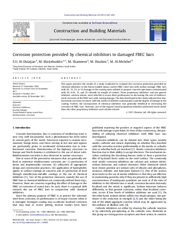 (PDF) Corrosion protection provided by chemical inhibitors to damaged ...