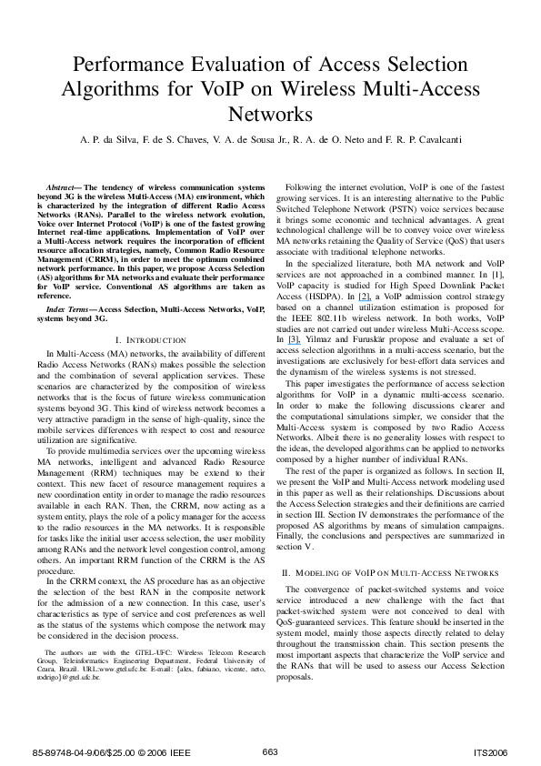 Pdf Performance Evaluation Of Access Selection Algorithms For Voip On Wireless Multi Access