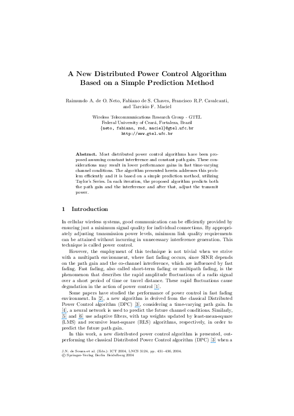 Pdf A New Distributed Power Control Algorithm Based On A Simple