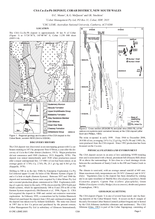 (PDF) CSA Cu-Zn-Pb DEPOSIT, COBAR DISTRICT, NEW SOUTH WALES