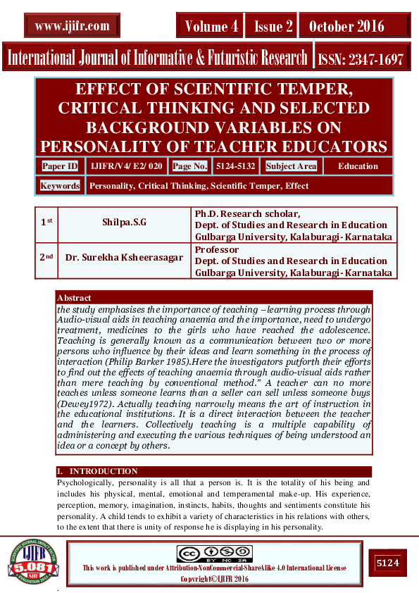 (PDF) EFFECT OF SCIENTIFIC TEMPER, CRITICAL THINKING AND SELECTED ...