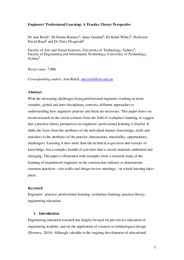 (PDF) Engineers' Professional Learning: A Practice Theory Perspective
