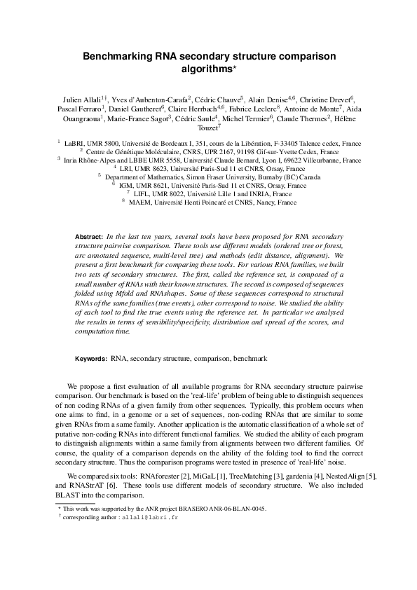 (PDF) Benchmarking RNA secondary structure comparison algorithms
