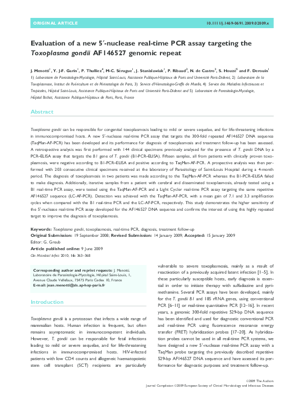 (PDF) Evaluation of a new 5′-nuclease real-time PCR assay targeting the Toxoplasma gondii ...