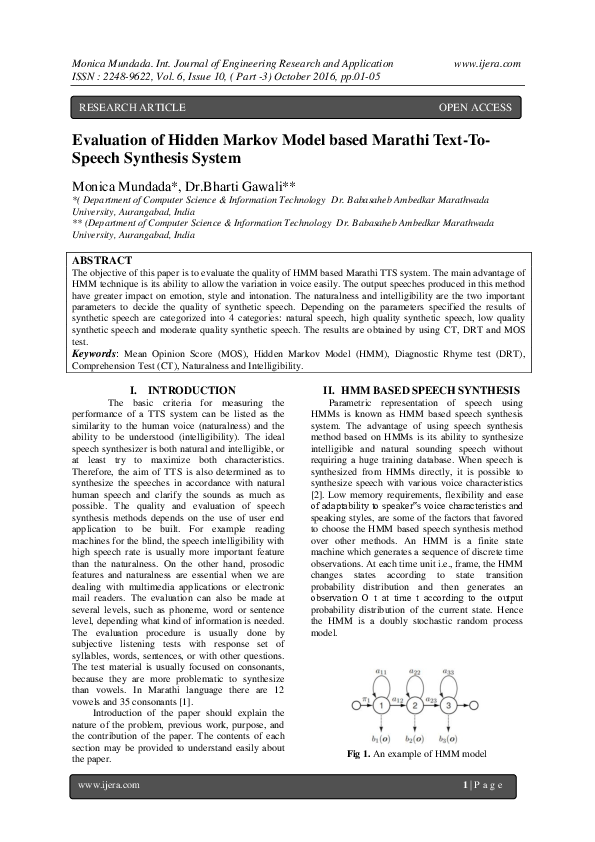 Pdf Evaluation Of Hidden Markov Model Based Marathi Text To Speech Synthesis System Ijera
