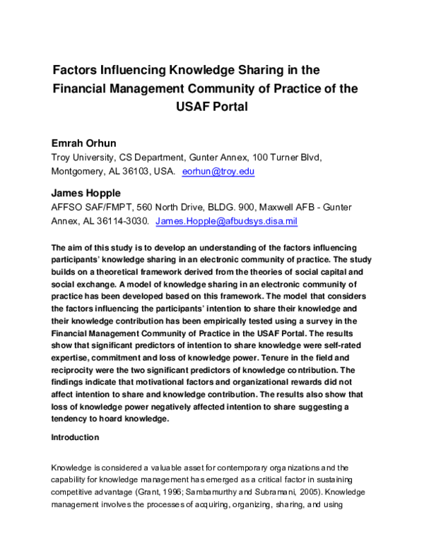 (PDF) Factors influencing knowledge sharing in the financial management ...