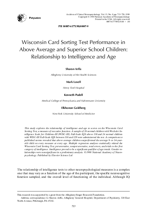 (PDF) Wisconsin Card Sorting Test Performance in Above Average and ...