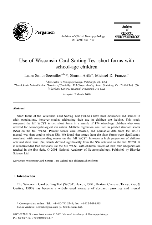 (PDF) Use of Wisconsin Card Sorting Test short forms with school-age ...