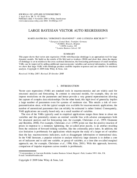 (PDF) Large Bayesian vector auto regressions