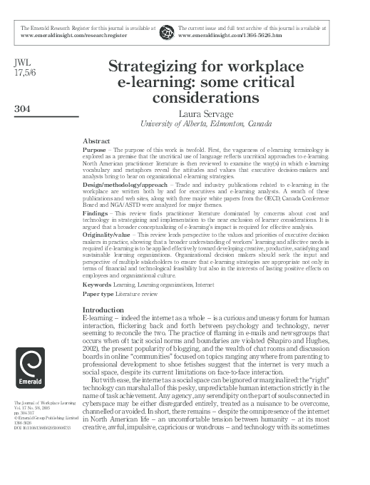 (PDF) Strategizing for workplace e-learning: some critical considerations